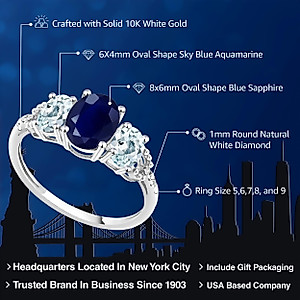 Gem Stone King 2.70 Cttw 10K White Gold Oval Blue Sapphire Sky Blue Aquamarine and Diamond Accent 3-Stone Engagement Ring | 3 Stone Wedding Anniversary Promise Ring For Women (Size 7)