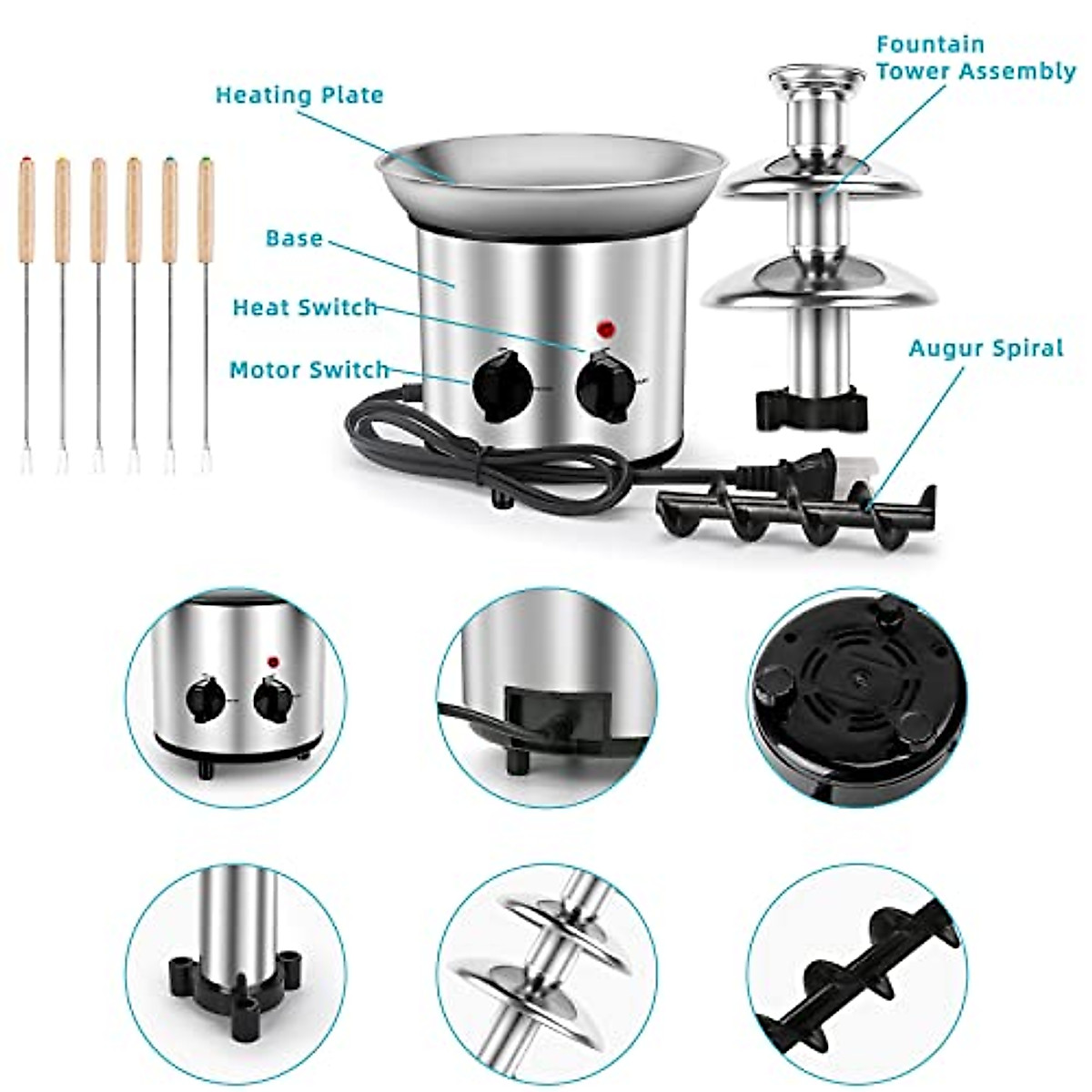 Outamateur 32-Ounce Chocolate Fondue Fountain,3-Tier Electric Chocolate Melting Machine with 6PCS Fondue Fork,Stainless Steel Party Fountain,Hot Chocolate Fountain Pot for Nacho Cheese,BBQ Sauce,Ranch,Liqueurs