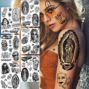 TASROI 6 Sheets Large Chicano Temporary Tattoos For Men Women Adult, Chicana Guadalupe Gangster Fake Tattoos Prisoner Day of the Dead, Halloween Mexico Tattoo Stickers, Tatuajes Temporales Autocolante