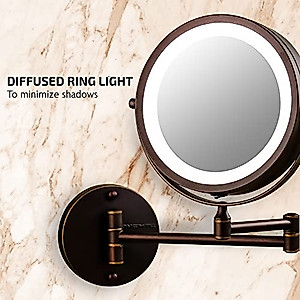 OVENTE 7" Lighted Wall Mount Makeup Mirror - 1X/ 10X Magnification, Battery Powered Glow Cosmetic Light up, Spinning 360-Degree, Double Sided LED, Extendable, Folding Arm, Antique Bronze MFW70ABZ1X10X