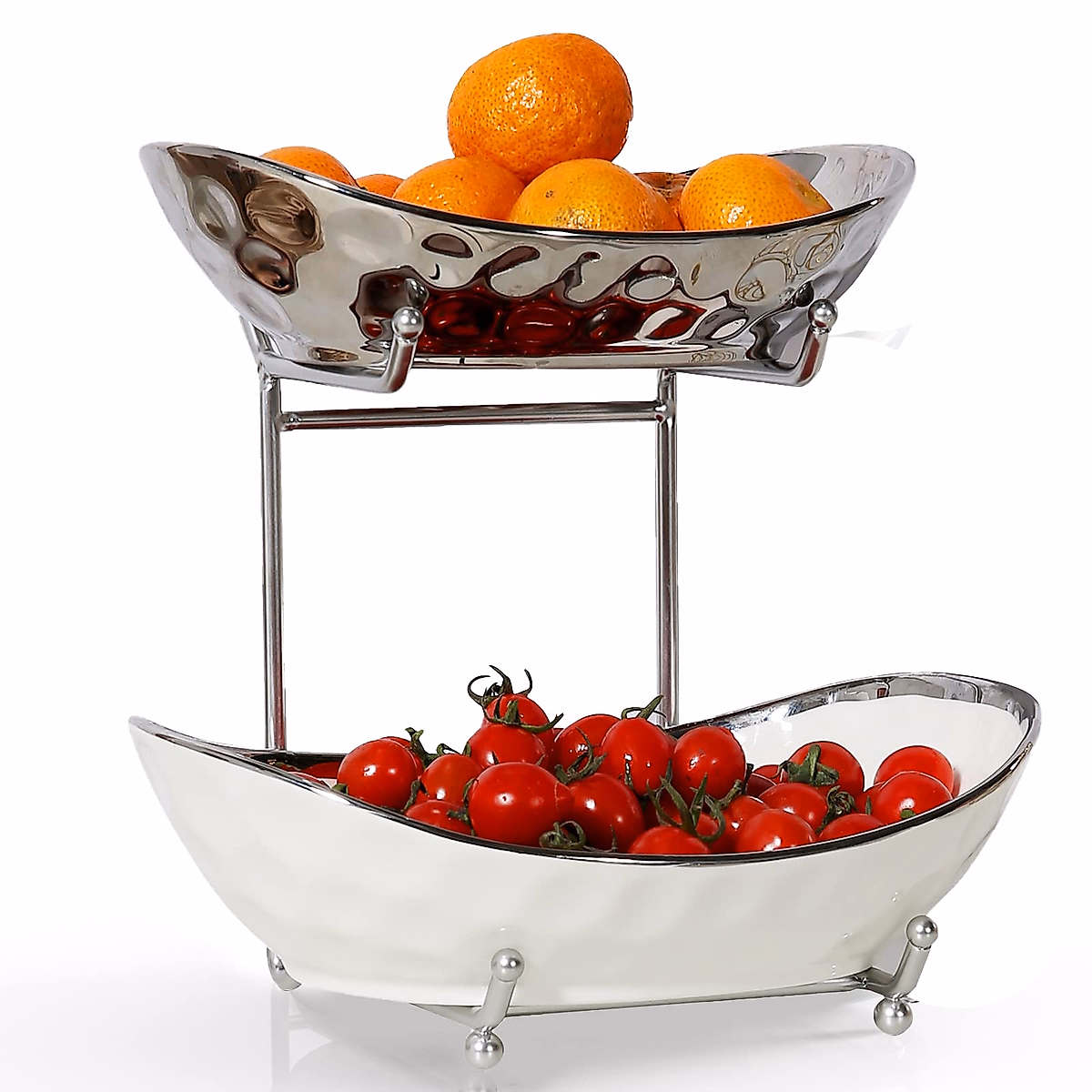 Acliys Fruit Bowl, Ceramic Fruit Basket, 2 Tier Serving Stand Serving Bowl with Metal Rack, Porcelain Kitchen Bowls for Vegetable Storage Snack Nuts Dessert Cake Tray for Party Wedding…