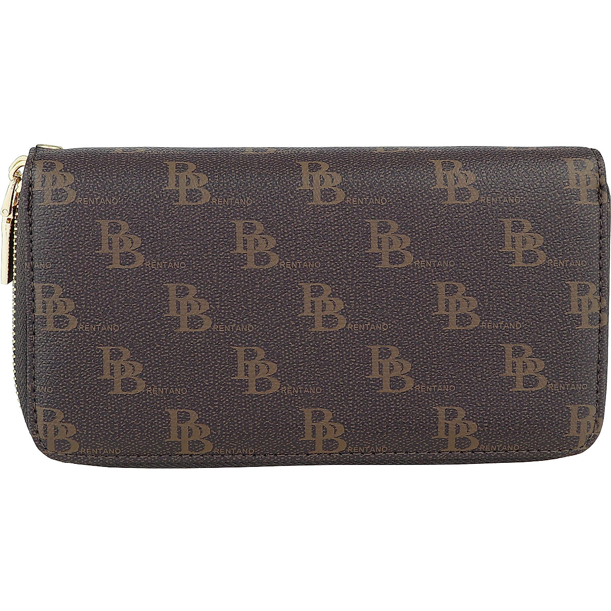 B BRENTANO Vegan Double-Zipper Wallet Clutch with Removable Wrist Strap (MB - Brown)