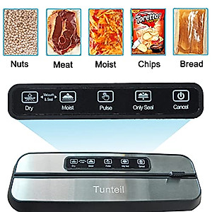 Vacuum Sealer Machine, Tunteil Automatic Air Sealing System For Food Storage With 10 Pcs Seal Bags Starter Kit, Dry and Moist Food Modes, Build-in Cutter, Air Suction Hose,Easy to Clean(Black)