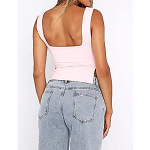 Lauweion Women Sleeveless Y2K Skinny Crop Tank Tops Strappy Ruched Sweetheart Neck Backless Slits Bustier Top Pink