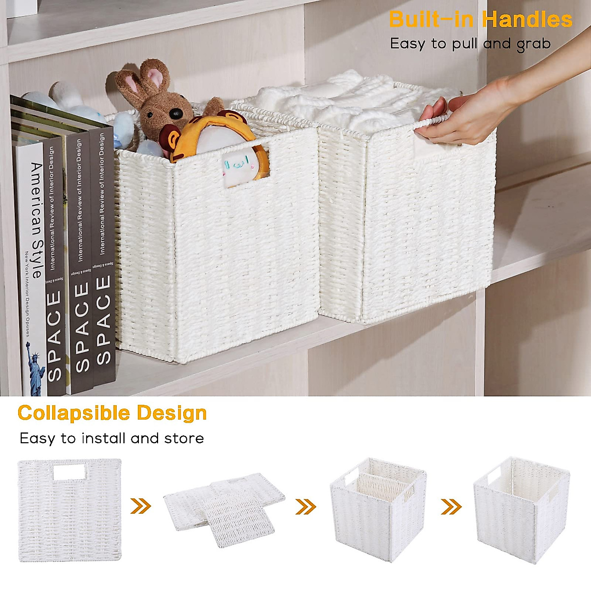 Vagusicc Wicker Storage Basket, Set of 2 Hand-Woven Storage Baskets for Organizing, Foldable Cube Storage Bins, 11 Inch Wicker Storage Baskets for Shelves and Decor, Square Closet Organizer, White