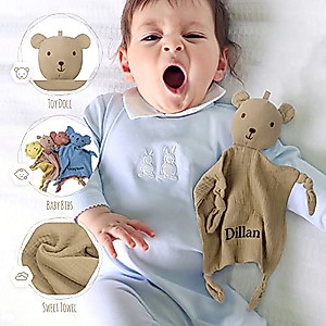TYRY.HU Personalized Security Blanket with Name, Embroidered Baby Comforter, Organic Cotton Muslin Lovey Security Blanket, Soft & Breathable Lovie Baby Gifts for Boys and Girls, Bear(Brown)