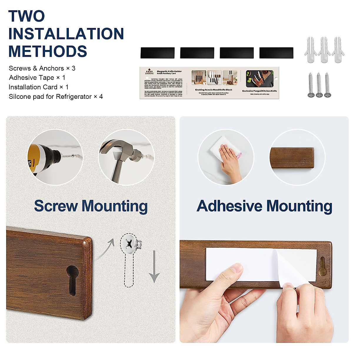 ENOKING Knife Magnetic Strip, Magnetic Knife Holder for Wall 16 Inch, Powerful Magnetic Knife Strip Acacia Wood Magnetic Knife Holder for Refrigerator, Wall Mount Magnet Knife Bar with 4 Hooks