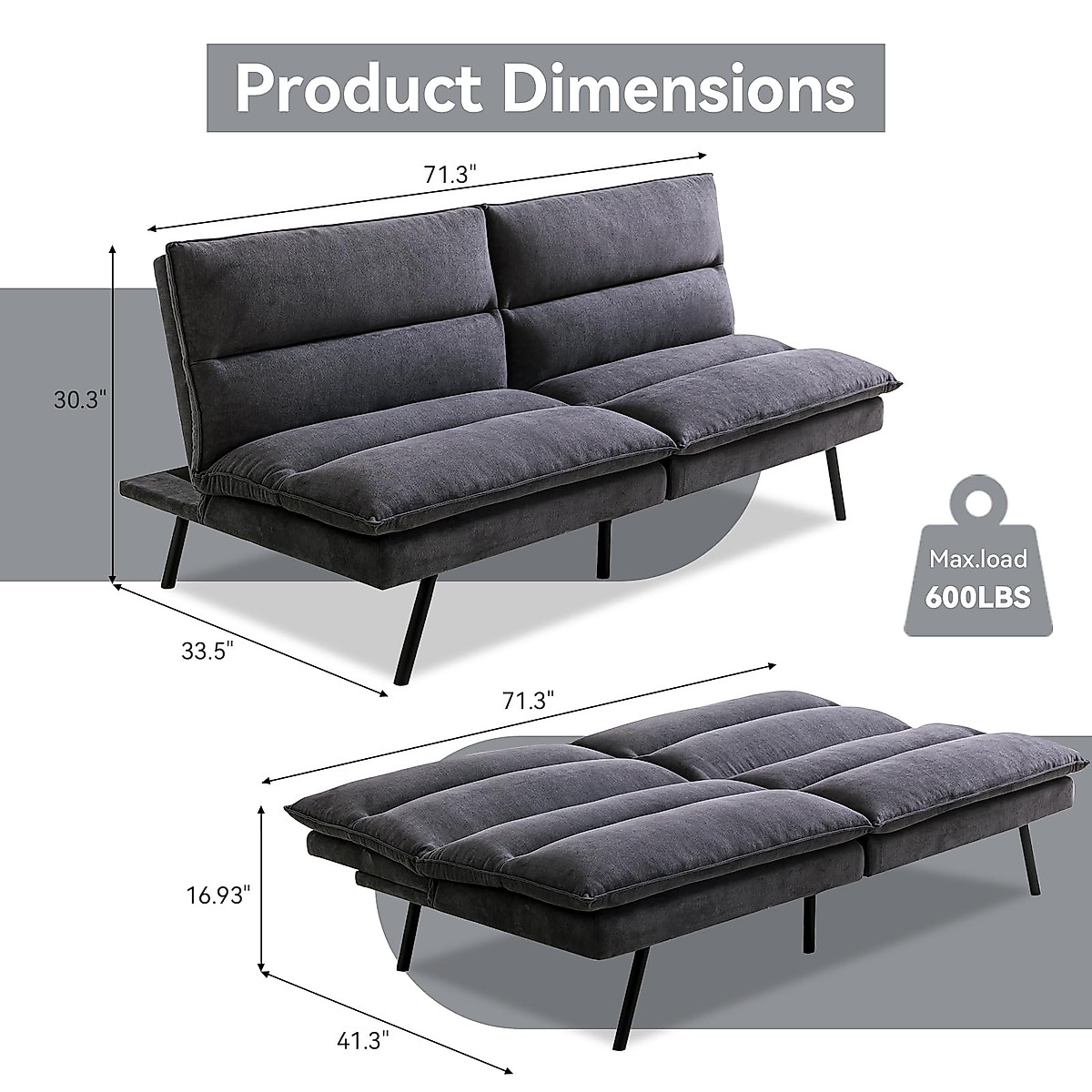 Hcore Couch, Memory Foam Futon,Small Splitback Loveseat Sleeper Sofa Bed Sofabed, Black