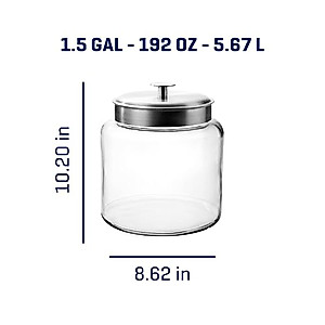 Anchor Hocking 1.5 Gallon Montana Glass Jar with Lid (2 piece, brushed metal, dishwasher safe)