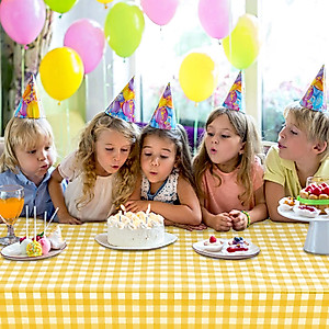 2 Pack Yellow Gingham Tablecloth Decorations, Yellow and White Checkered Background Disposable Plastic Tablecloth, 54 x 108 Inch Tablecloth for Birthday Party, Outdoor Dinner, Holiday Party Deco