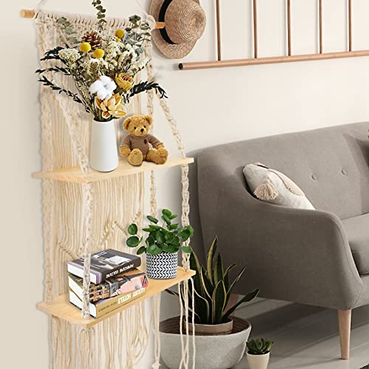 Macrame Wall Hanging Shelf, 2 Tier Boho Hanging Shelves for Wall, Floating Wood Shelves with Handmade Woven Rope for Small Plants, Books Photos, Bohemian Decor for Living Room, Bedroom, Bathroom
