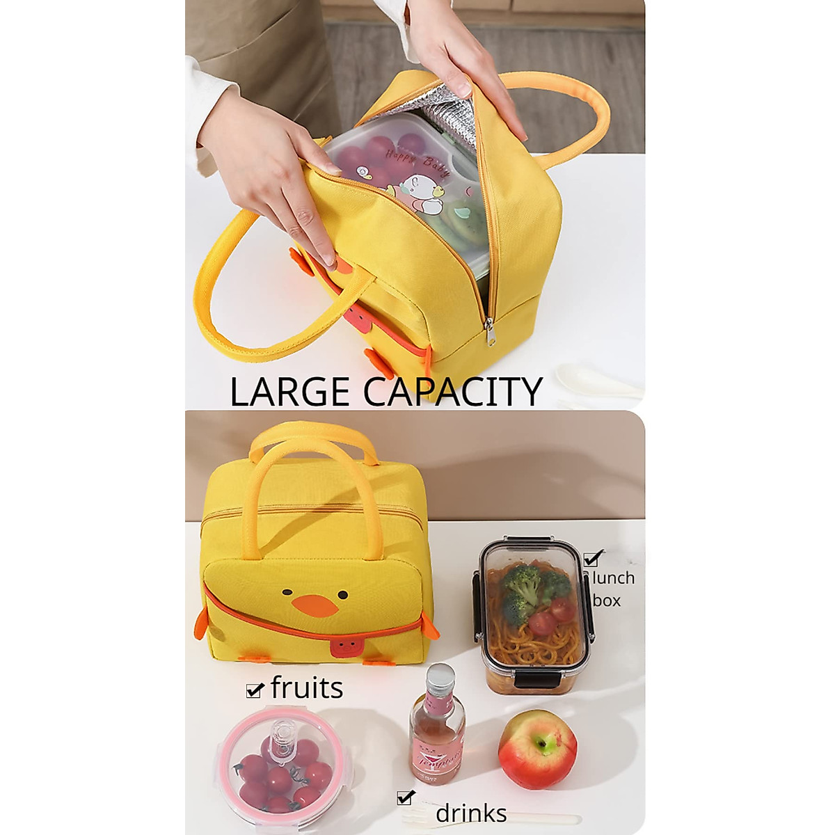 AtbeTa 3D Cute Duck Lunch Bag Large Bento Box Container Insulated Reusable Cooler Tote Office Work Travel Picnic (1 duck)