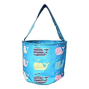 101 BEACH Fabric Bucket Tote Bag for Children - Toys - Easter Basket - Can Be Personalized (Turquoise Whale - Embroidered Name)
