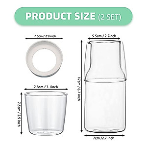 2 Sets Bedside Water Carafe and Glass Set with Tumbler 18oz,Recycled Glass Bedside Night Carafe Mouthwash Decanter with Cup and Silicone Coaster,Clear Juice Pitcher for Living Room,Bathroom,Guest Room