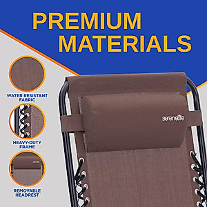 SereneLife SLZGHBRW22.5 Outdoor Adjustable Zero Gravity Lounge Chair Recliners with Plastic Cup Holder Side Table and Padded Headrest Pillows, 2 Pack, (Brown), Chocolate