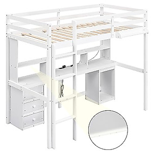 DEYOBED Full Size Loft Bed, Wooden Bed Frame with Desk, Shelves, Cabinet, 3 Drawers, Bedside Tray, LED Lights, and USB Charging Station for Kids, Teens, Adults - White