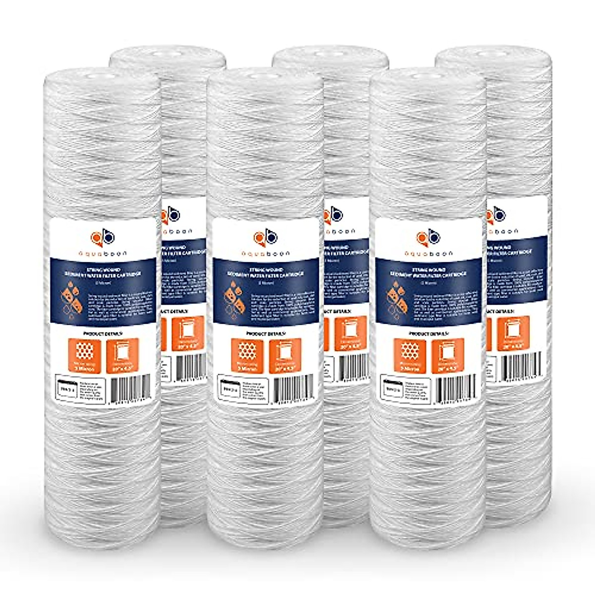 Aquaboon 5 Micron 20" x 4.5" String Wound Sediment Water Filter Cartridge | Whole House Sediment Filtration | Compatible with PC40-20, WP1BB20P, 355222-45, WPP-45200-01, WPP-45200-01, 84650, 6-Pack