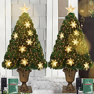 Juegoal 3 FT Pre-Lit Artificial Christmas Tree, 2 Pack Lighted Optical Fiber Entrance Tree in Gold Urn Base with Lights, 8 Lighting Modes, 110 Branch Tips Front Door Porch Entryway Holiday Home Decor