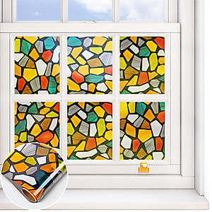VEELIKE Window Film Privacy Classy Stained Glass Window Cover Static Window Cling Decorative Non-Adhesive Removable Anti UV Window Door Covering Vinyl Home Living Room 15.7x118 Inches, Colored Stone