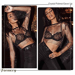 Formery Sexy Rhinestone Mesh Body Chains Top Long Sleeve Crystal Fishnet Cover Up Crop Top See Through Hollow Out Bikini Rave Top Swimsuit Coverups for Women and Girls(Black)