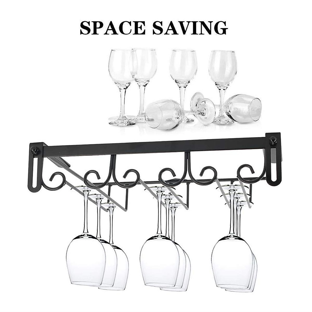 DreamiDeco Nail Free Wine Glass Rack Under Cabinet Hanging Stemware Rack, Metal Wine Glass Holder Under Shelf for Bar, Kitchen(Black, 3 rows)