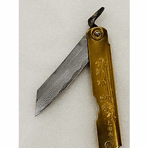 HIGO NO KAMI Higonokami Folding Knife 100mm – Blue Steel Damascus Pattern Blade with Wooden Box, Brass