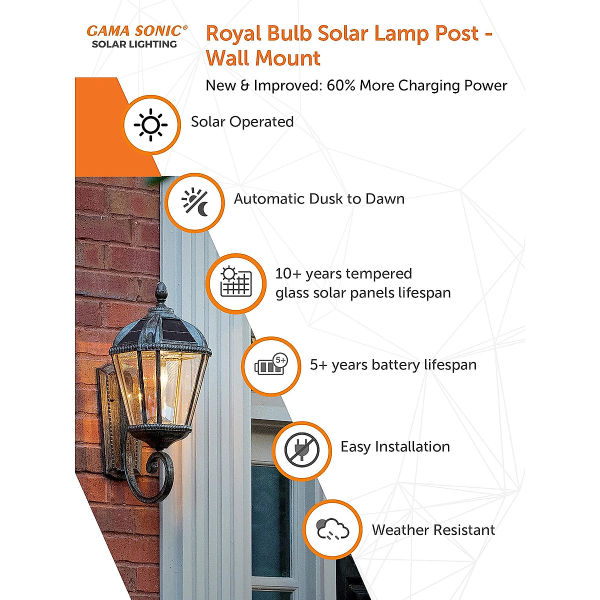 GAMA SONIC Solar Outdoor Wall Light, Royal Bulb Exterior Sconce Lamp, Weathered Bronze Finish Aluminum, Beveled Glass, Warm White LED with Omni-Direction Reflector, 98B310 (Upgraded Panel and Battery)