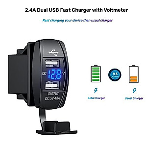 3 Gang Rocker Switch Aluminum Panel with Voltmeter & Dula USB Charger (4.8 Amp) 12V/24V DC Rocker Switch with Night Glow Stickers, Waterproof for Marine, Boat, Car, Truck, Jeep (Blue)