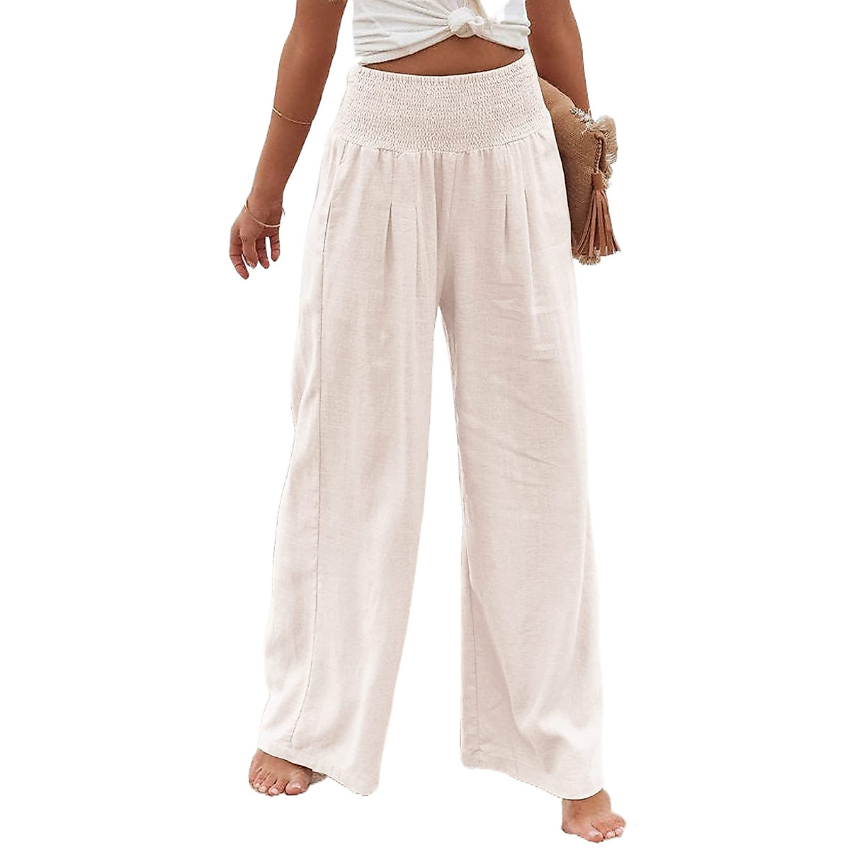 Women Linen Pants Elastic High Waist Wide Leg Palazzo Lounge Pants Casual Loose Beach Pants with Pockets (M, White)