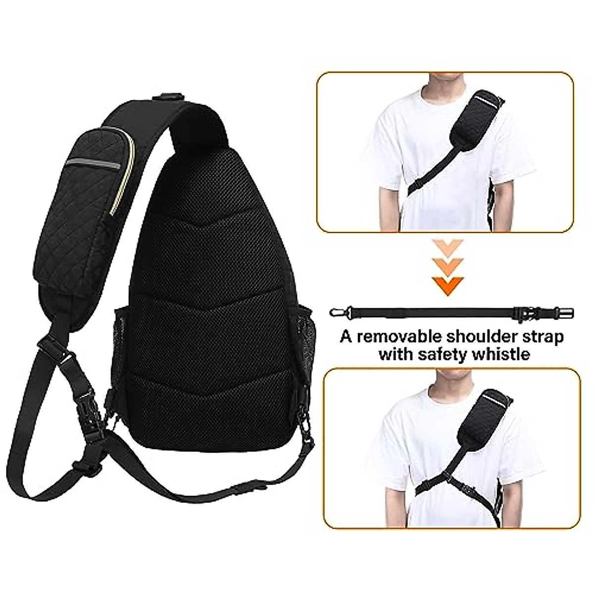 MOSISO Sling Backpack Small Hiking Daypack for Women Men, Rhombus Quilted Crossbody Sling Bag with Front Vertical Pocket & Removable Strap One Shoulder Chest Bag, Black