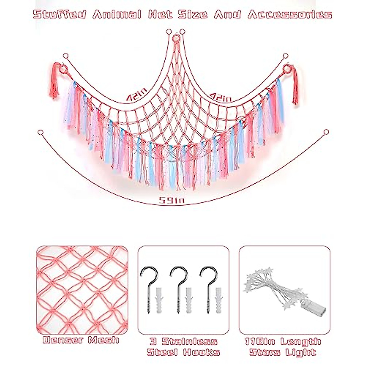 Kopduki 59 in Stuffed Animal Hammock with Stars-Light, Stuffed Animal Storage, Teddy Bear Hammock with Tassel & Hooks for Nursery Room, Corner Mesh Toy Hammock for Stuffed Animals for Playroom