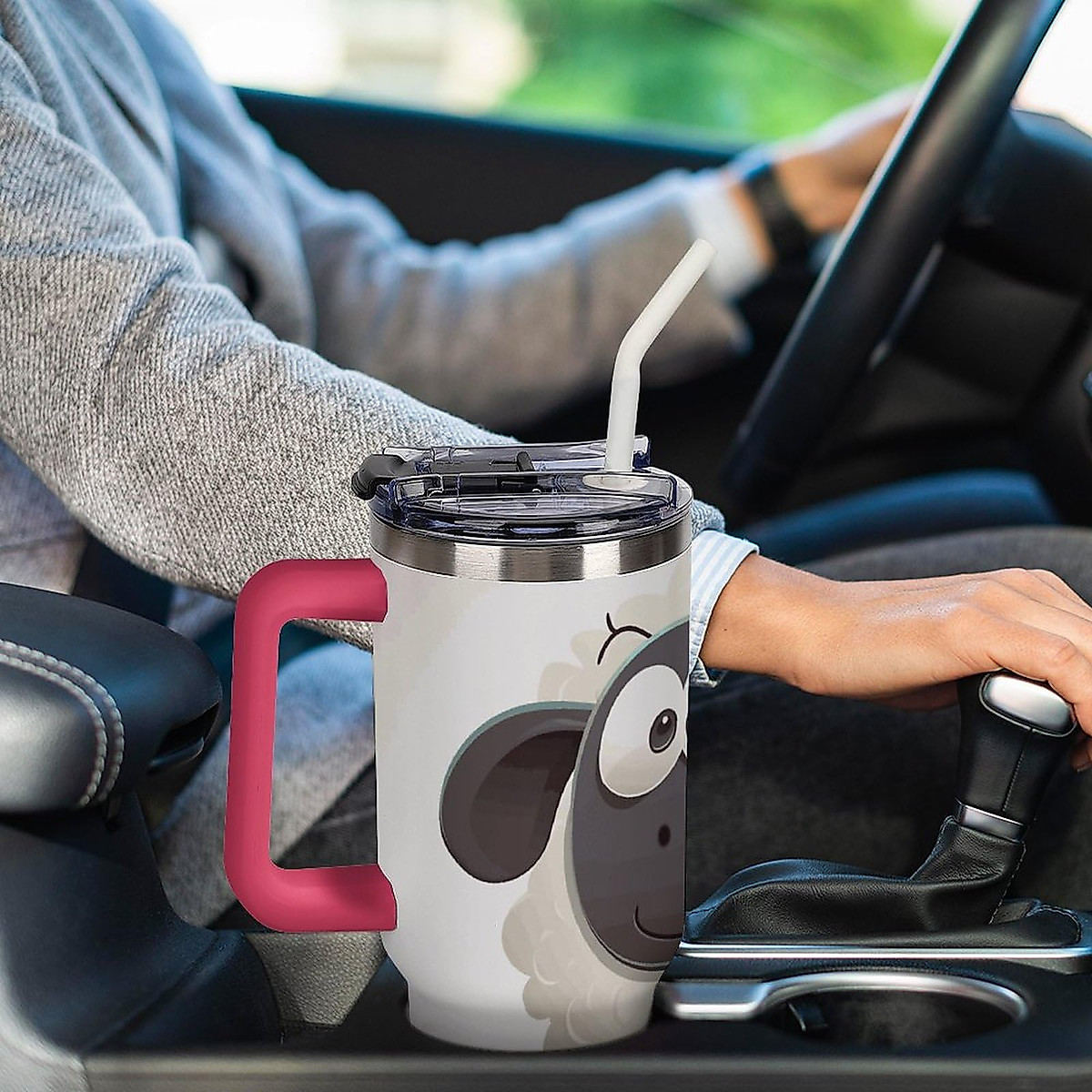 LLUTSNTH 40 Oz Vacuum Tumbler with Light Rose Red Handle Leakproof Insulated Tumbler Sheep Stainless Steel Travel Mug with Lid And Straw Coffee Cup Cute Water Bottles Cup Holder Friendly