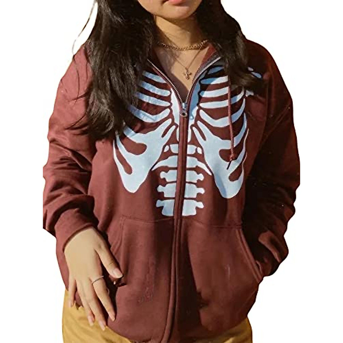Michellecmm Women's Skeleton Zip Up Hoodie Face Portrait Aesthetic Oversized Jacket Sweatshirt E-Girl Harajuku Pullover Streetwear