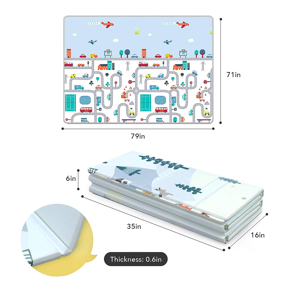 Foldable Baby Play Mat 0.6 Inch Thick Waterproof Baby Crawling Mats 79” x 71” Extra Large Play Mats for Babies Reversible Multifunctional Mats (0.6inch car)