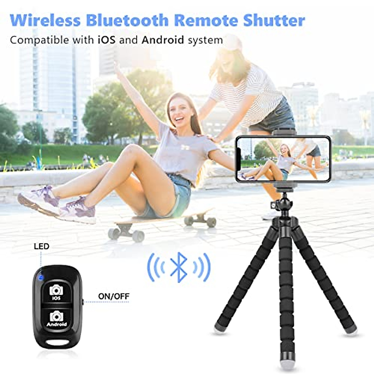 Torjim Phone Tripod, Mini Cell Phone Tripod with Wireless Remote Control & Phone Holder, 360°Rotation Flexible Travel Tripod for Smartphone, DSLR Camera