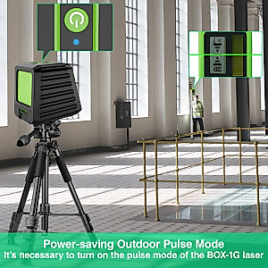 Self-leveling Laser Level - Huepar Box-1G 150ft/45m Outdoor Green Cross Line with Vertical Beam Spread Covers of 150°, Selectable Laser Lines, 360° Magnetic Base and Battery Included