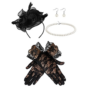 Bonuci 4 Pcs 50s Fascinator Hat for Women Black Funeral Veil Hat Tea Party Headpiece Lace Glove Pearl Necklace Earring(Elegant Style)
