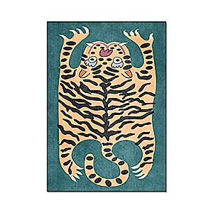 Tiger Rug for Bedroom Vintage Boho 2x3 ft Small Area Rug Washable Funky Carpet for Kids Room Non-Slip Abstract Cartoon Cute Bathroom Door Mats Green