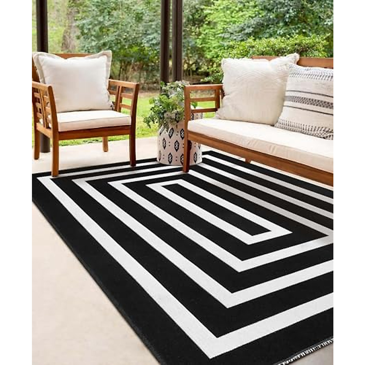 Lahome Black and White Outdoor Rug, Area Rug 6x9 Indoor Outdoor Patio Rug Washable Woven Cotton Rug for Living Room, Large Farmhouse Geometric Outdoor Rug 6x9 Floor Carpet for Dining Backyard