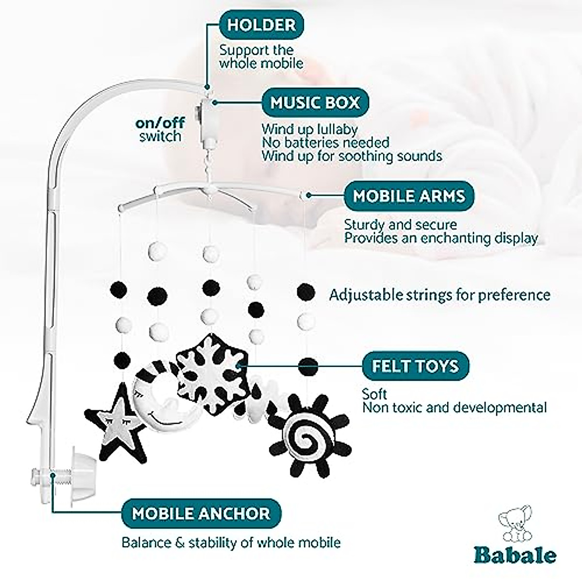 Babale | Montessori-Inspired Baby Mobile for Crib - Stimulating Black & White Design for Newborn Engagement - Perfect Baby Crib Mobile for Boys & Girls - Enhances Visual Development