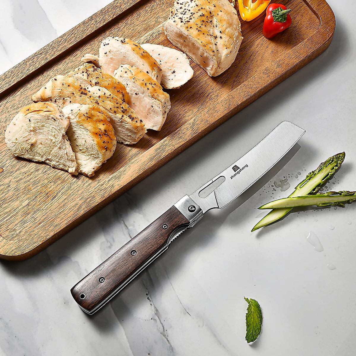 ZhengSheng Folding Chef Knife 4.8" Sharp 440A Stainless Steel Blade Wooden Handle Pocket Foldable Japanese Style Kitchen Knife for Outdoor Camping Cooking