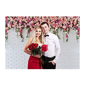 LTLYH 8x6ft White Brick Wall Flowers Backdrop Valentine's Day Theme Photography Backdrop Mother's Day Wedding Bridal Baby Shower Birthday Party Decor Banner 134