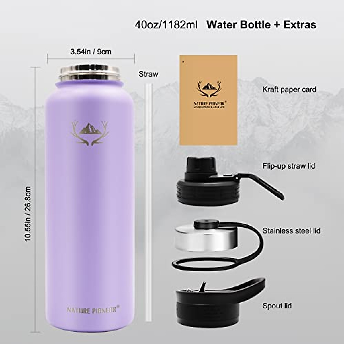 NATURE PIONEOR Insulated Water Bottles with Paracord Handle - 24/32/40/64 oz Vacuum Sports Wide Mouth Water Bottle with 3 Lids, Leak Proof Stainless Steel Keeps Hot and Cold
