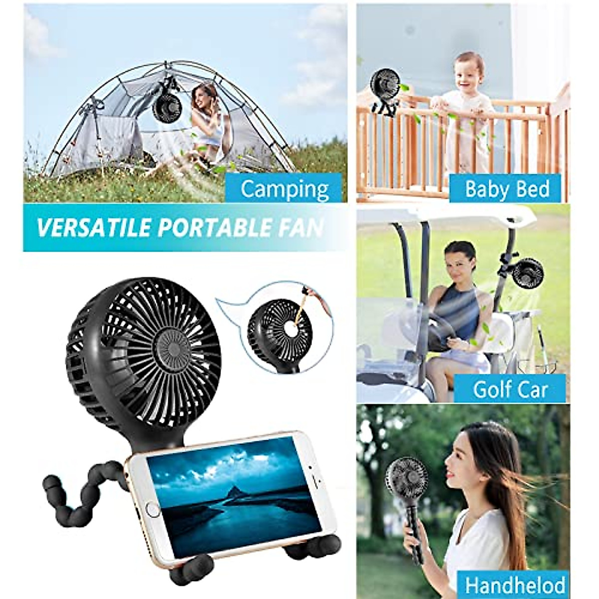 YKLWORLD Mini Baby Stroller Fan, Portable Fan Clip On with Flexible Tripod, USB or Battery Operated Handheld Personal Fan 3 Speeds Car Seat Fan for Desk Crib Bike Treadmill Travel Camping - Black