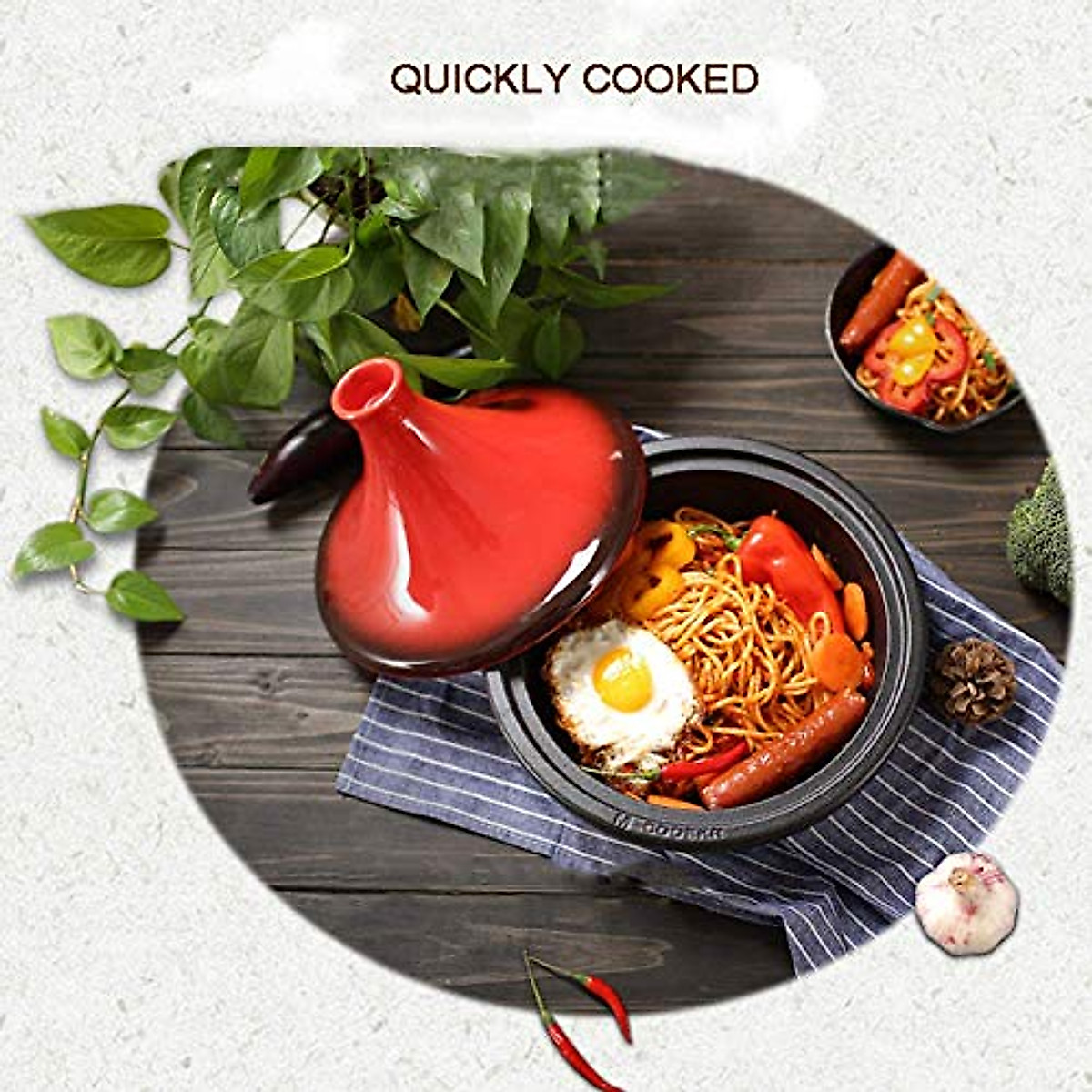Thickened Cast Iron Tagine Pot, with Gloves Potholder, for Different Cooking Styles and Temperature Settings, Enameled Tajine, Oven Safe Dish Clay / 27cm with Thermal Board/Red