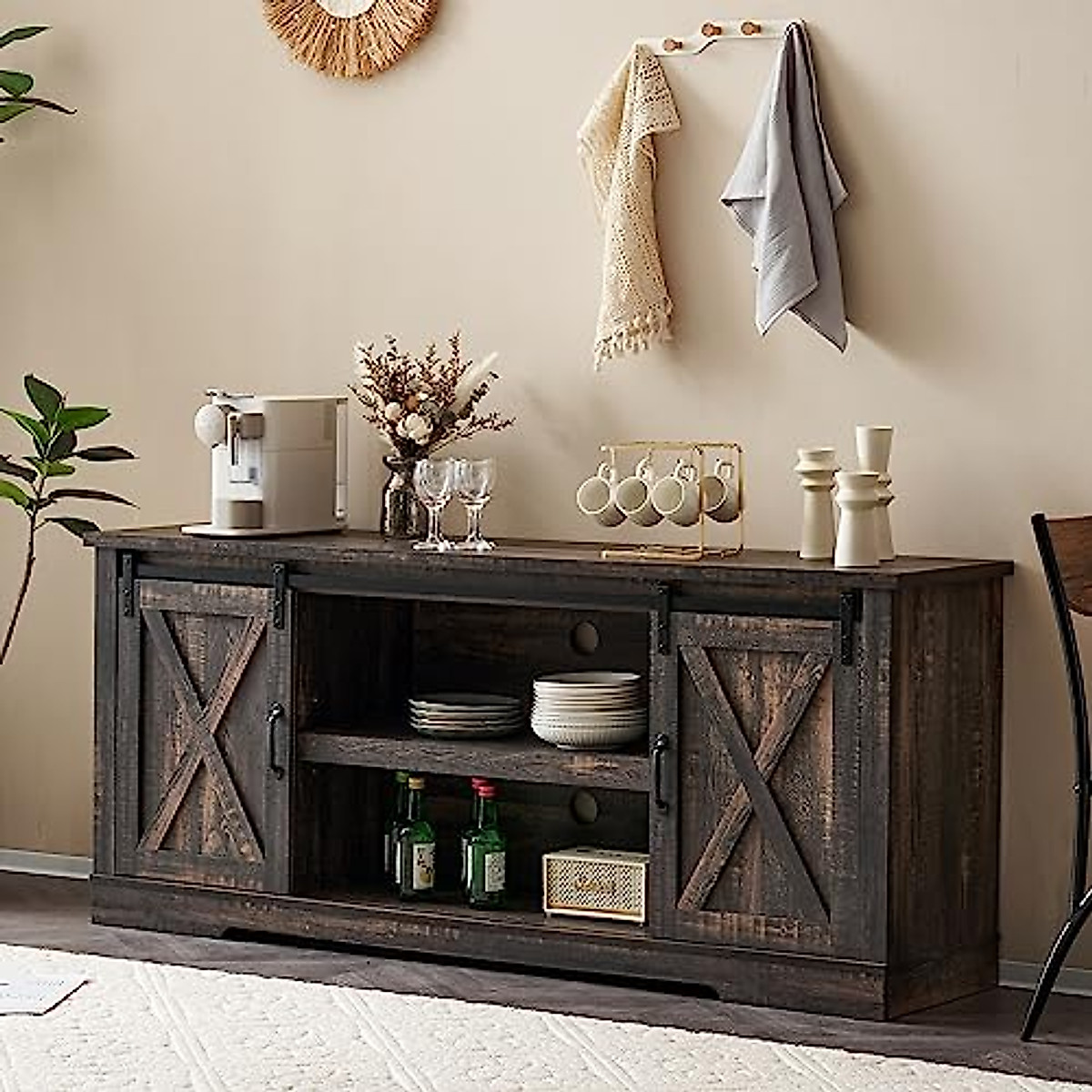 AMERLIFE 66" Farmhouse TV Stand for 75 Inches TVs, Entertainment Center with Sliding Barn Door and Adjustable Shelf & Feet, Console Table with Storage, Dark Rustic Oak