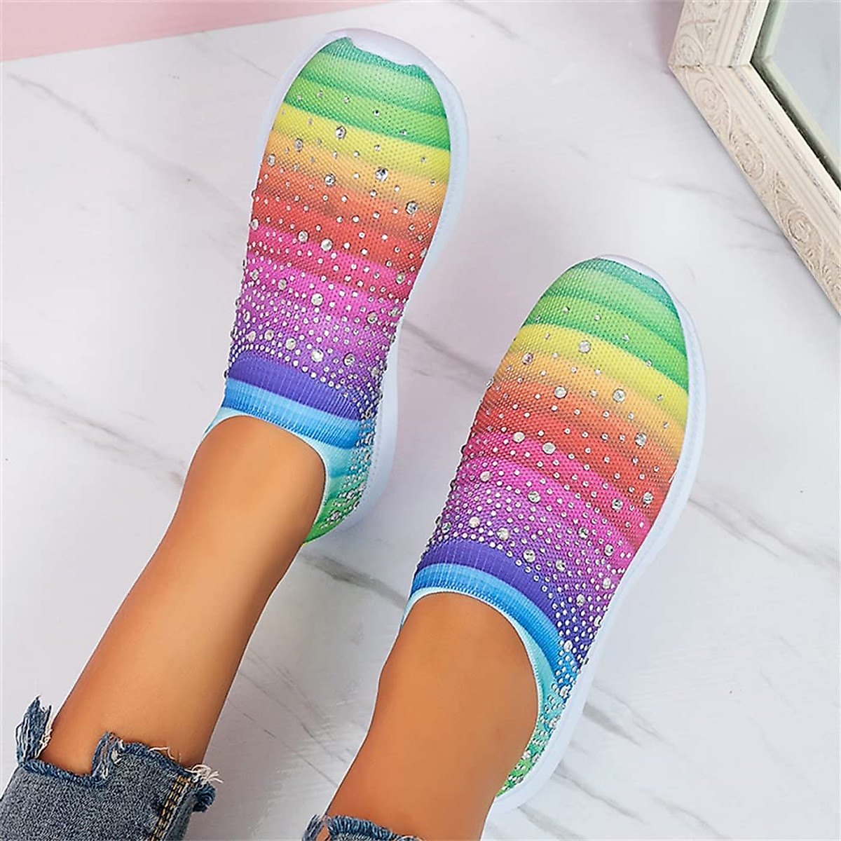 Women's Crystal Breathable Orthopedic Slip on Walking Shoes Sparkly Sneakers, Womens Mesh Orthopedic Walking Shoes Slip Resistant Slip on Tennis Sock Sneakers (5,Rainbow)
