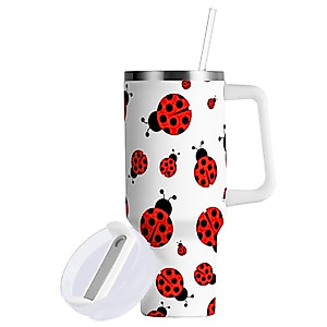 ARGTILDN 40 oz Tumbler Cute Red Ladybugs Insulated Travel Mug with Handle and Straw Lid Stainless Steel Vacuum Coffee Cup Tea Beverage Container Water Bottles for Car Sports office