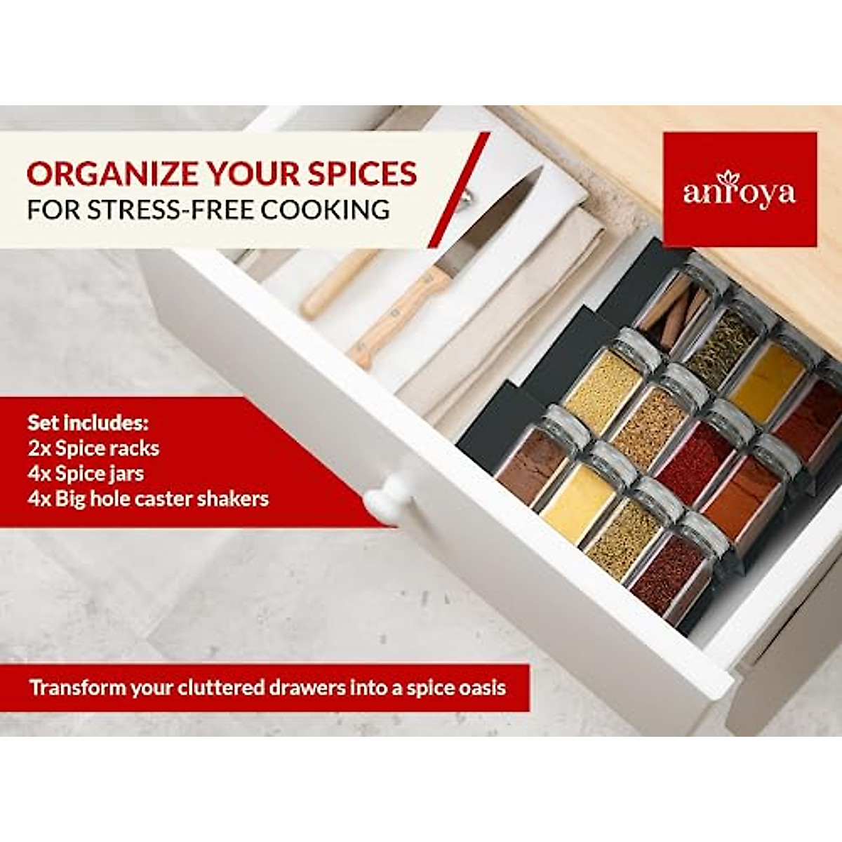 ANROYA - Spice Organizer Set - Spice Drawer Organizer with 4 Spice Racks - Modern Seasoning Organizer - Kitchen Spice Cabinet Drawer Storage