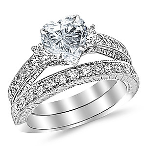 2 Ctw 14K White Gold Three Stone Vintage With Milgrain & Filigree Bridal Set with Wedding Band & GIA Certified Heart Shape Diamond Engagement Ring (1 Ct Center H-I Color SI1-SI2 Clarity)